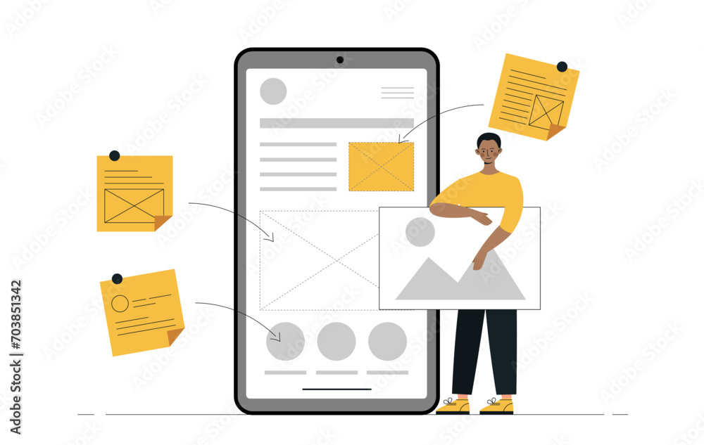 Design and programming concept. Man with picture near smartphone screen ...