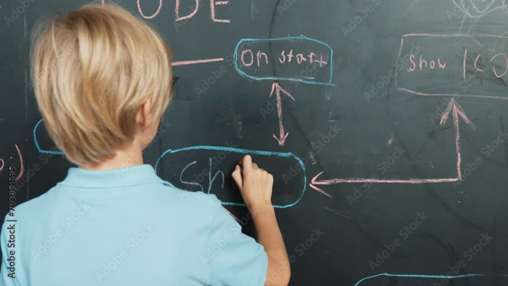 Back view of smart boy writing engineering prompt on blackboard while turn around and showing a ...