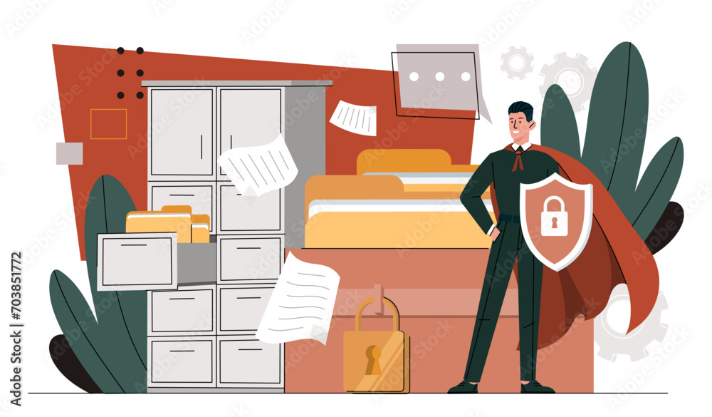 Document archiving storage concept. Man in hero cape with shield near ...
