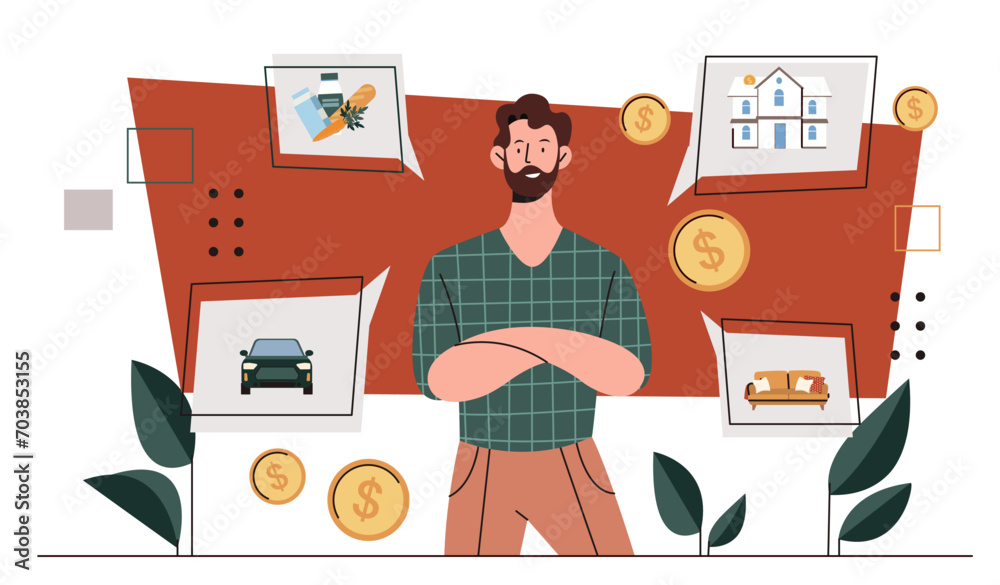 Man with expenses planning. Young guy with golden coins and dreams ...