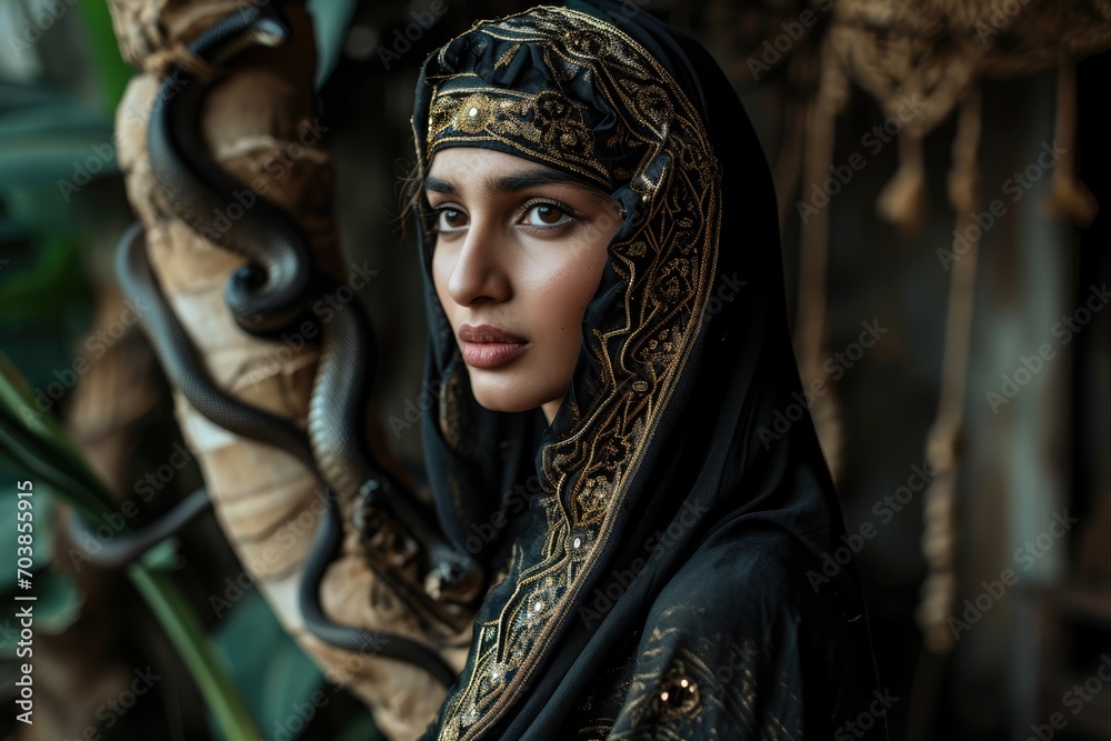 Elegance in Black: Muslim Woman, a Snake Lover, Standing in Front of a ...