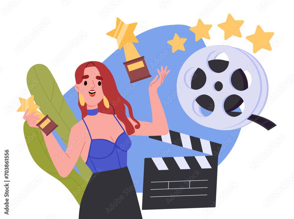 Movie star woman concept. Trendy young girl with clapperboard and ...