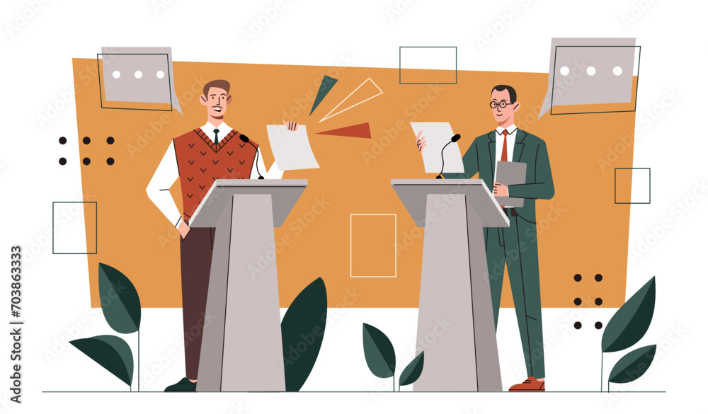 People debate concept. Two men in suit stands with microphones. Public ...