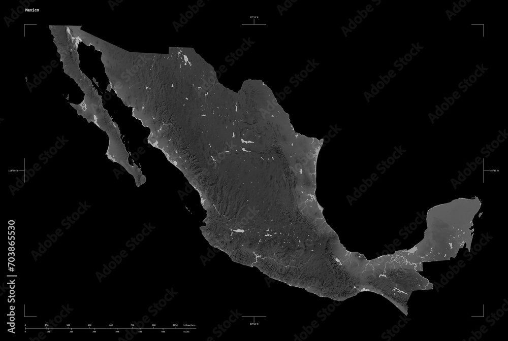 Mexico shape isolated on black. Grayscale elevation map Stock ...