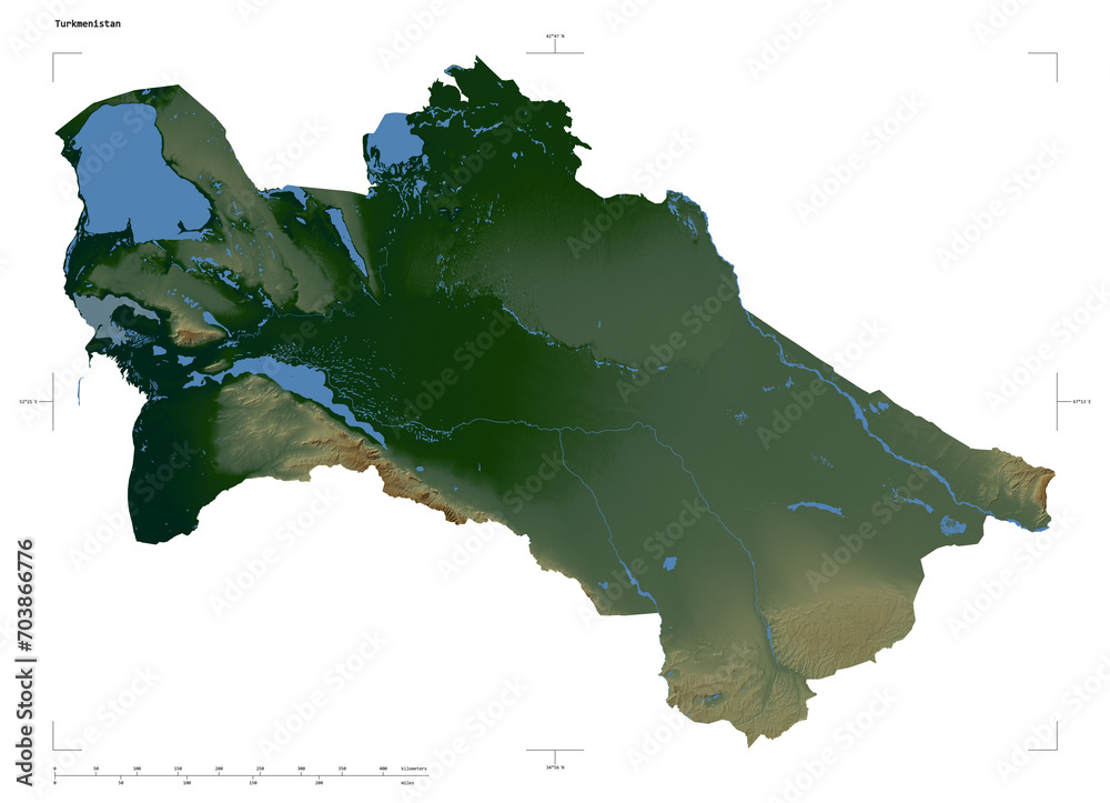 Turkmenistan shape isolated on white. Physical elevation map Stock ...