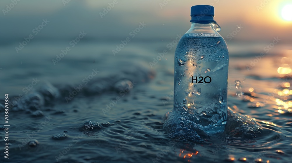 A clear, reusable water bottle filled with fresh water, labeled with ...