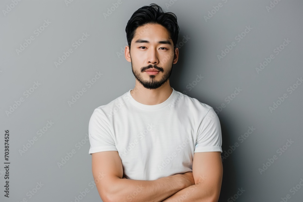 Portrait of young hadsome serious bearded Korean man with crossed arms ...
