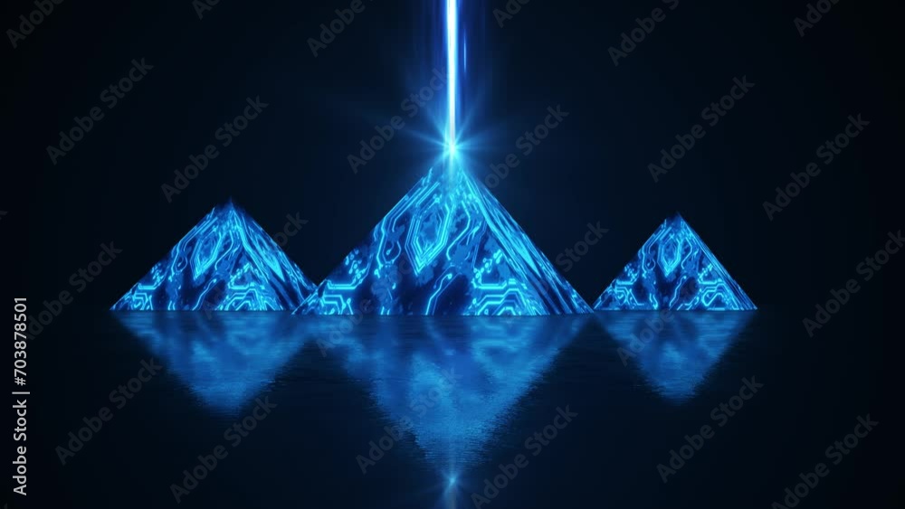 Sci-fi 3D render of abstract pyramids at night shooting light ray from ...