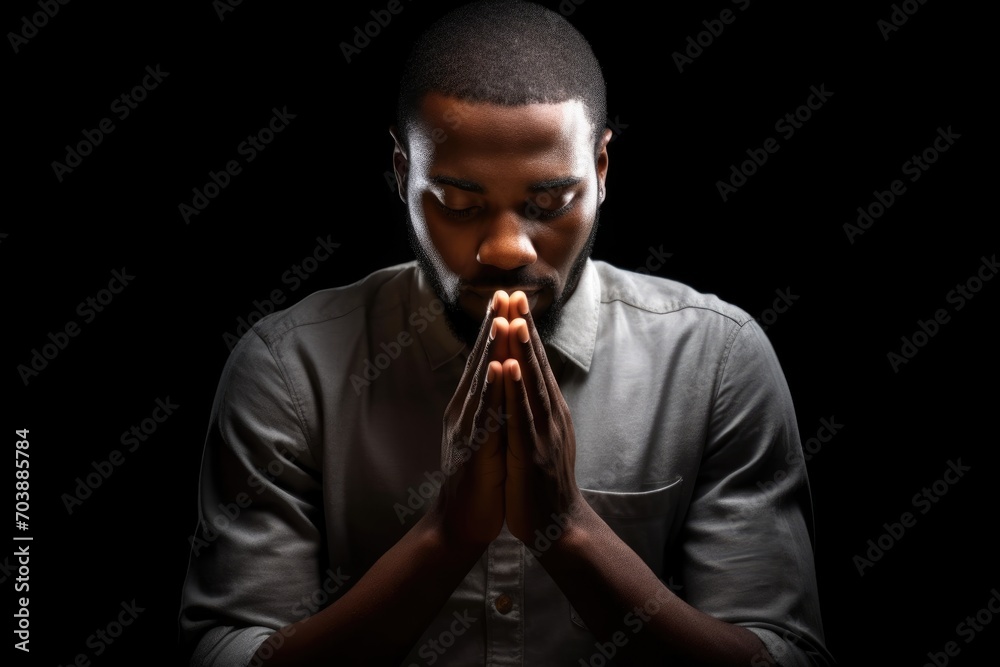 african american man praying on black background, praying to god with ...