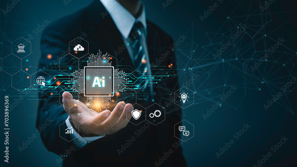 Man using Technology AI tool to generate. smart robot science and artificial intelligence ...