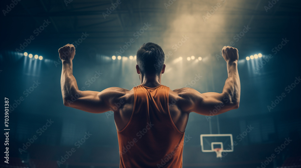 Rear view of a basketball player with his arms in the air, man with ...