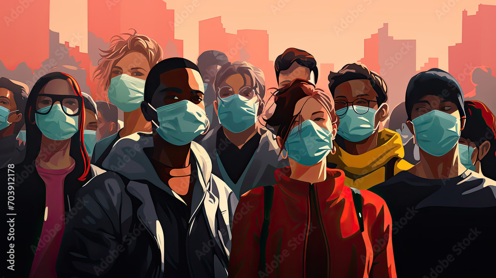 Group of people wearing medical masks to prevent the spread of dust ...