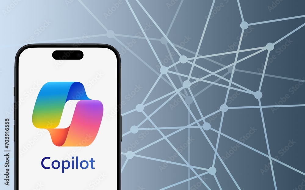 Microsoft Copilot Logo in front of connected dots in front of a blue ...