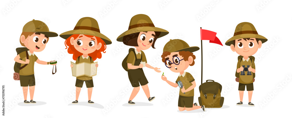 Vetor de Kids Scouts vector illustration. Cute cartoon characters ...