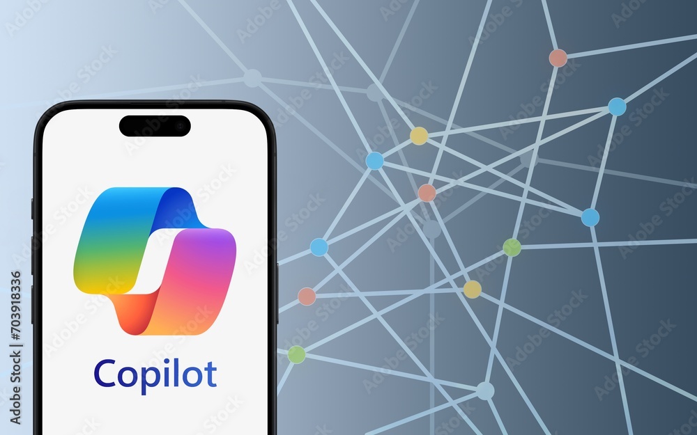 Microsoft Copilot Logo in front of connected dots in the colors of the ...