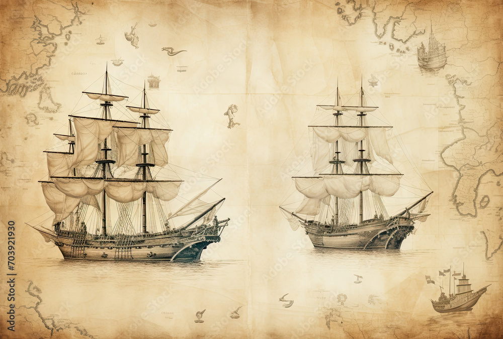 Drawing of Two Ships on a Map, Navigation and Exploration of Historic ...