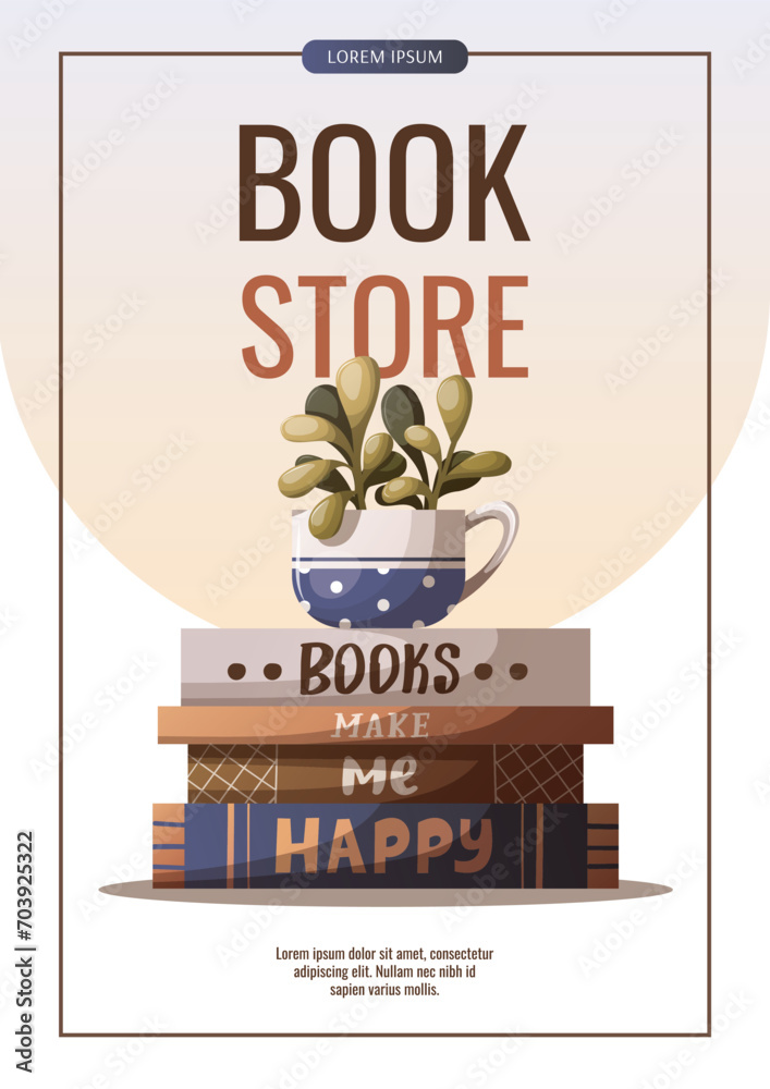 Flyer design with Stack of books and potted plant. Bookstore, bookshop ...