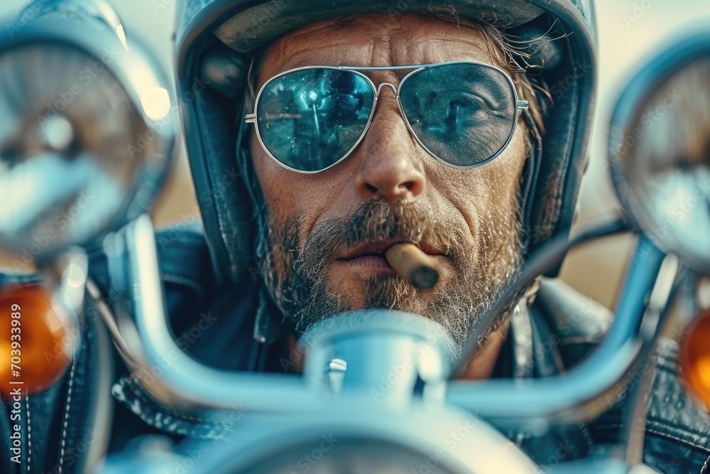 Portrait of a male biker, strength freedom, and individuality on the ...