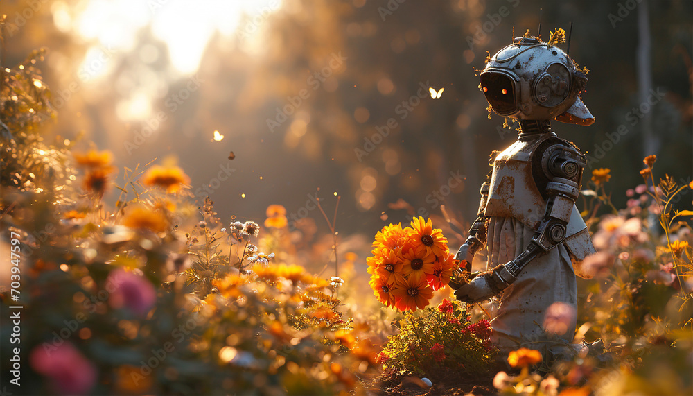 Robot picking flowers in wildflower field. AI face profile. Artificial ...