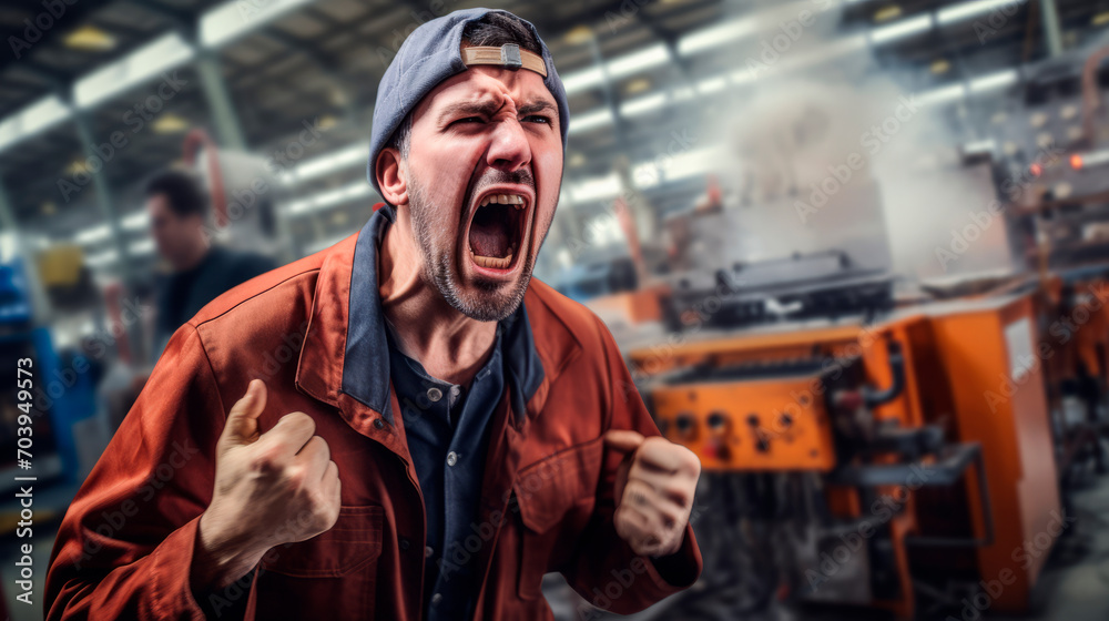 A worker in an orange jacket and protective headphones shouting and ...