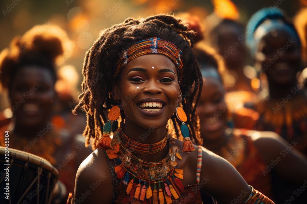 A traditional African drum circle during a cultural festival. Dancers ...