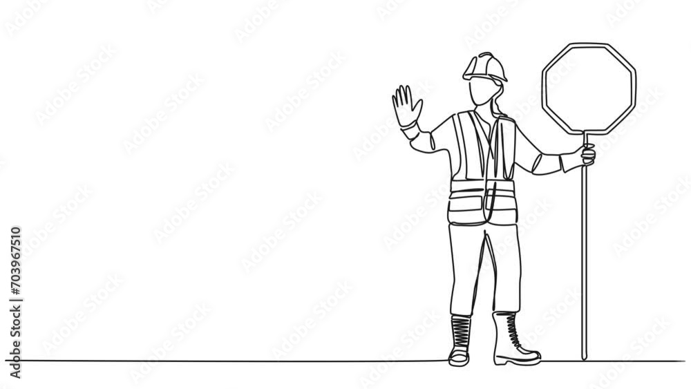 animated continuous single line drawing of female road worker with stop ...