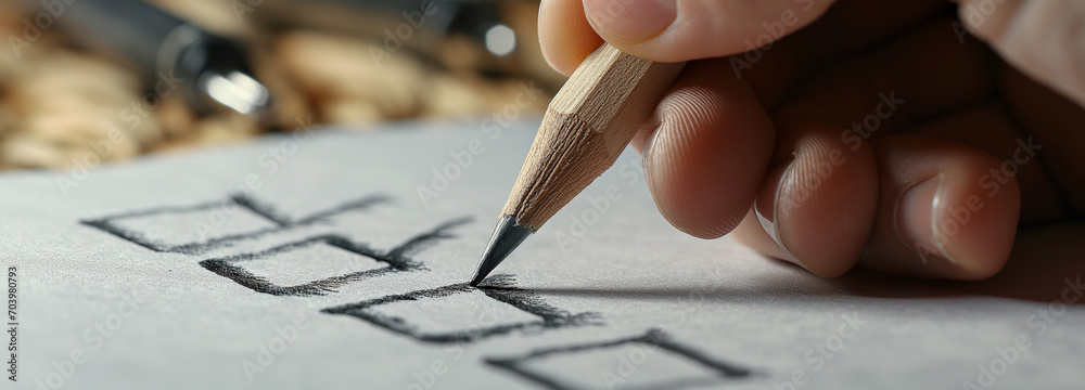 Hand writing marking on checklist box with pencil close up. Checklist ...