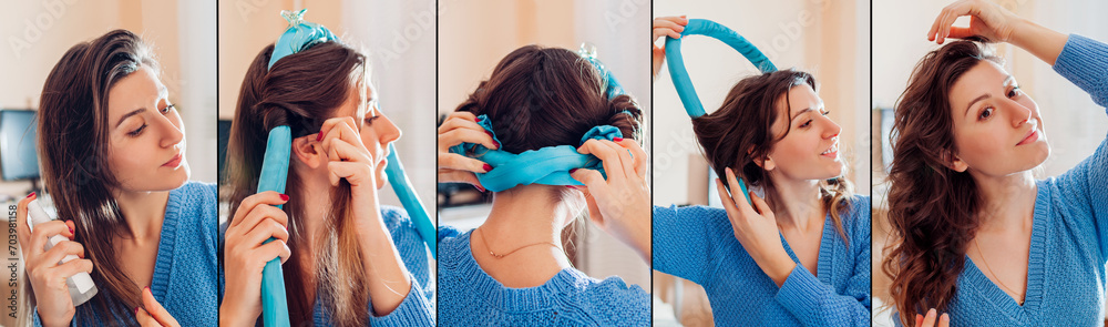 Step by step instruction on using heatless hair curler at home. Woman ...