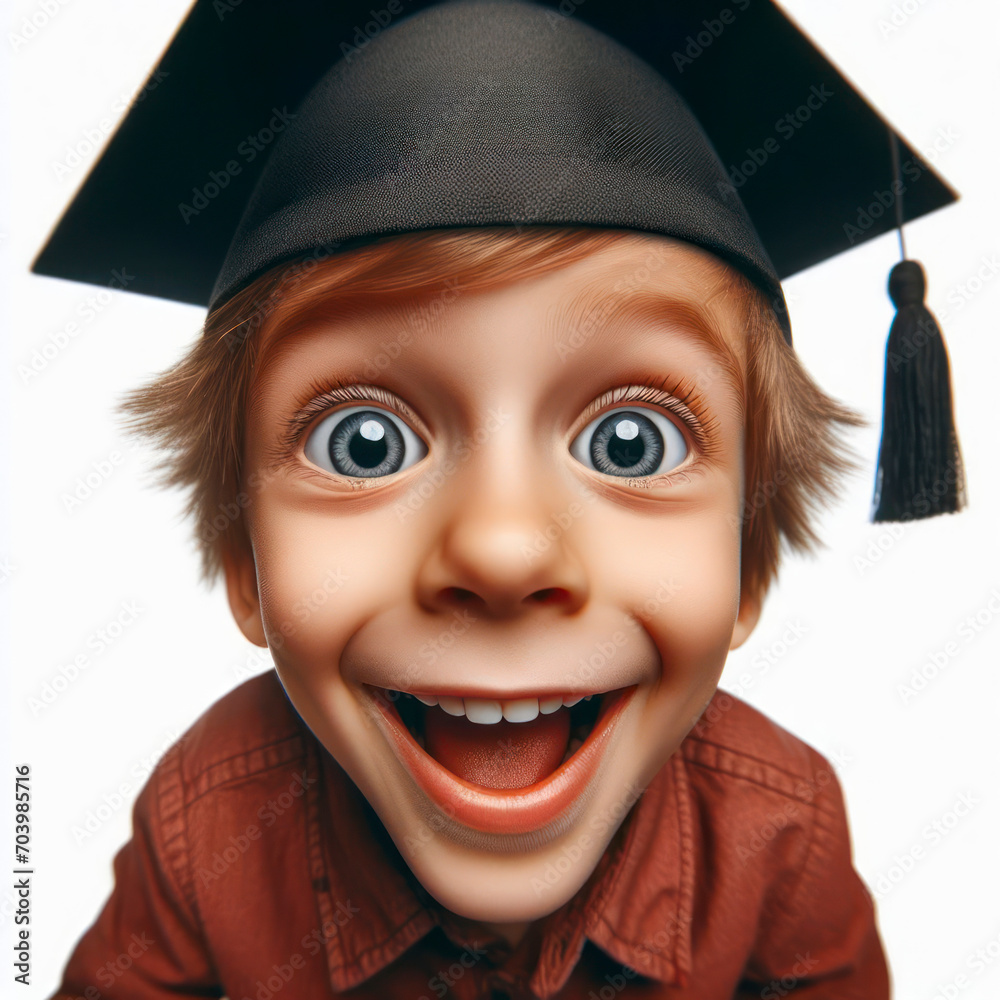 little smiling boy wearing a graduate hat surprised with Huge Eyes on ...