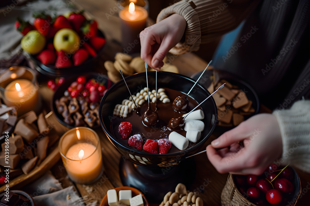 couple enjoying a chocolate fondue experience, surrounded by various ...