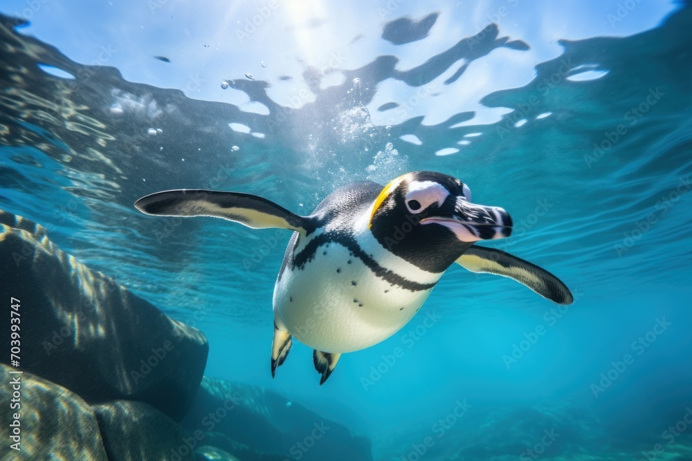 a penguin swimming in the water with its head above the water's surface ...