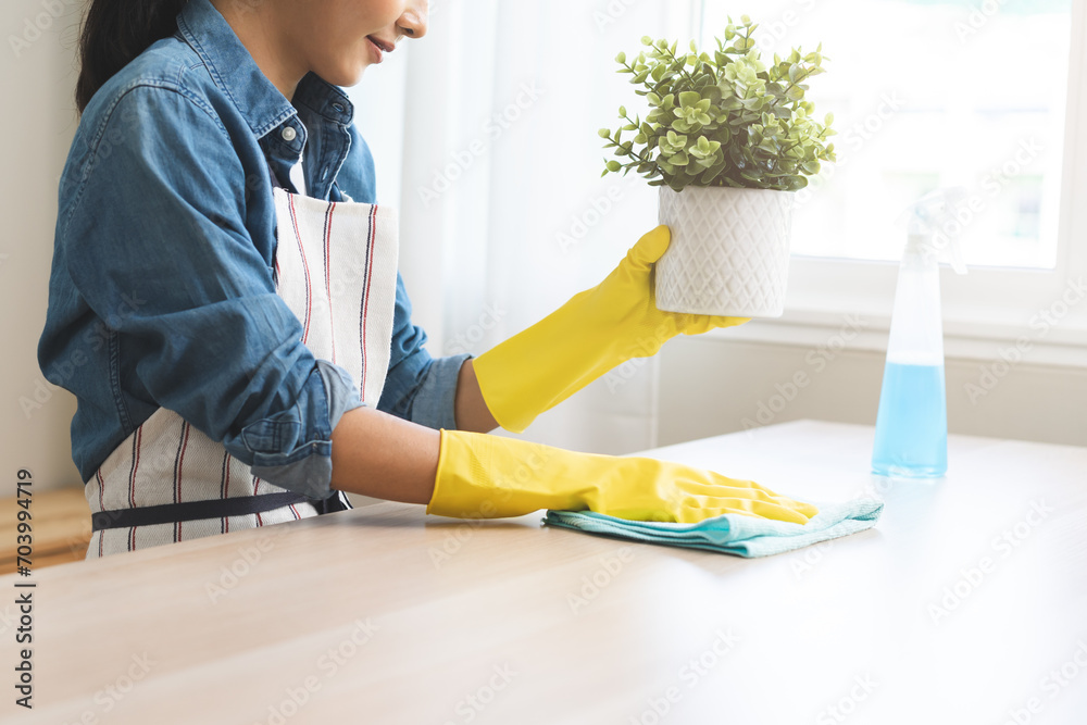 Cleaning hygiene asian young woman wearing protection rubber yellow ...