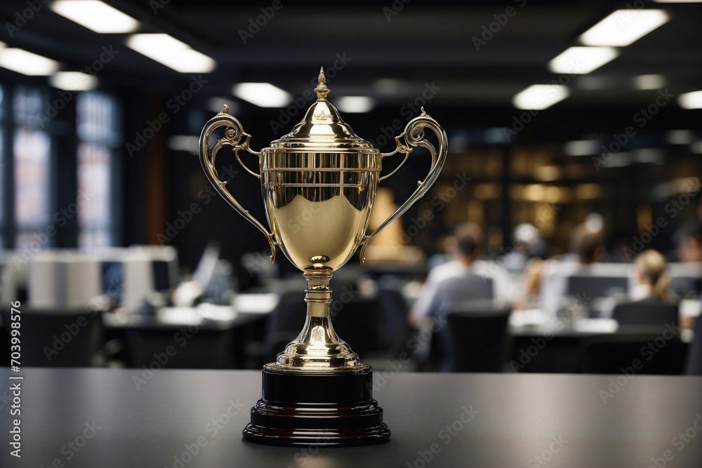 office victory symbol, workers gather around the golden cup, signifying ...