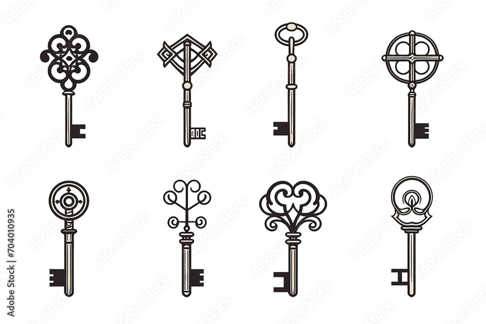 set with isolated realistic images of vintage keys in the style of ...