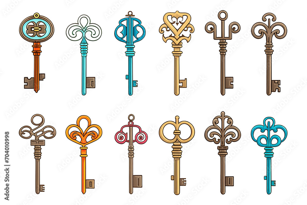 set with isolated realistic images of vintage keys in the style of ...
