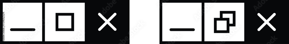 Maximize and minimize icon set buttons isolated on transparent background. Close hide app ...