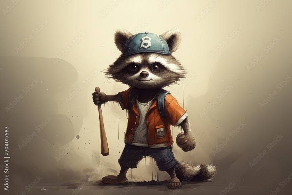a raccoon is holding a baseball bat and wearing a baseball cap and ...