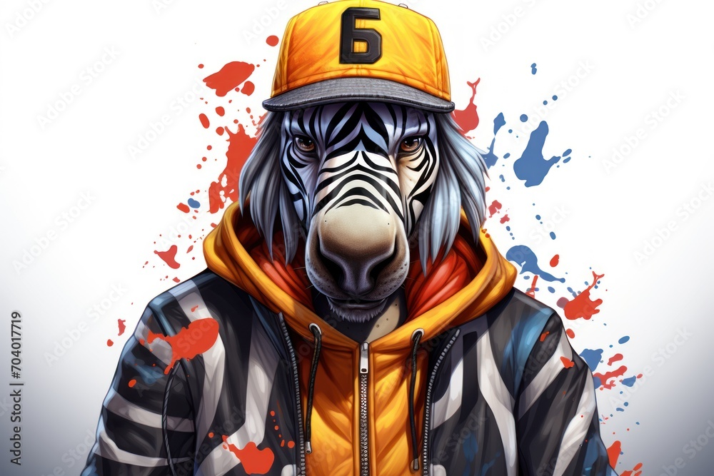 a drawing of a zebra wearing a baseball cap and a jacket with the ...