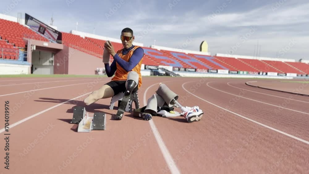 Asian para-athlete with prosthetic blades leg in stadium practicing ...