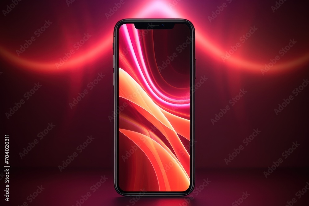 a cell phone with a red background and a red and pink design on the ...