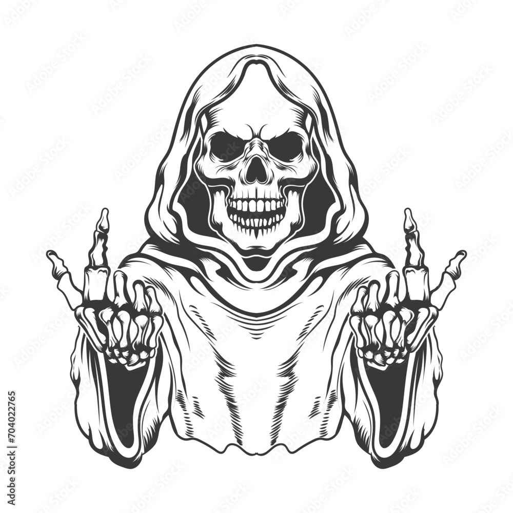Spooky grim reaper with middle finger showe smile skull face vector ...
