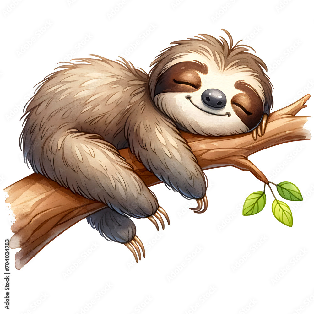 Cute sleepy sloth watercolor clipart with transparent background Stock ...