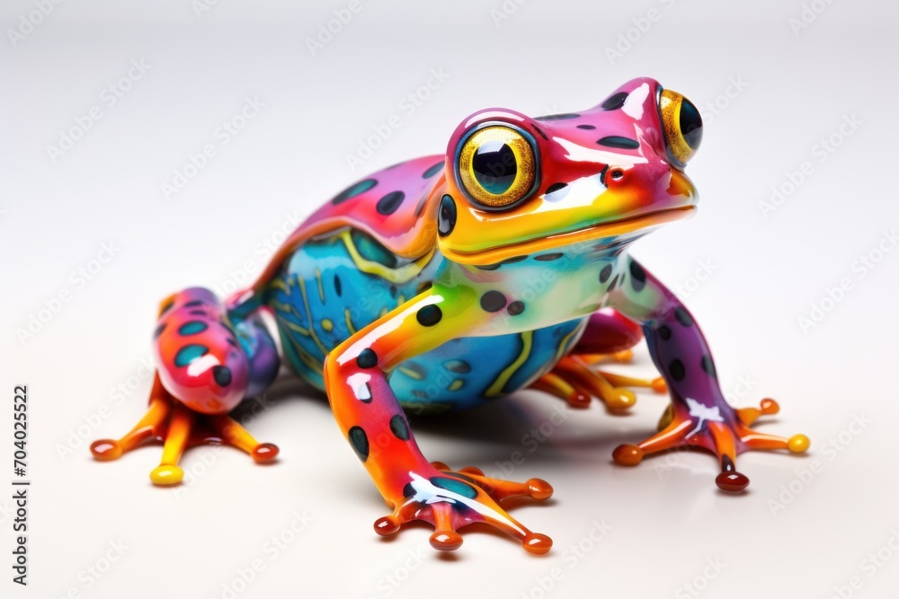 a brightly colored frog sitting on top of a white table next to a green ...