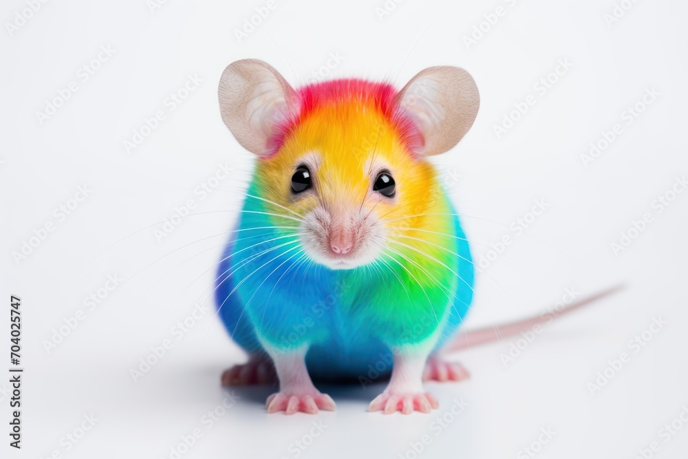 a multi - colored mouse sitting on a white surface with it's front paws ...