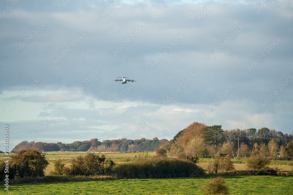RAF Royal Air Force Airbus A400M Atlas military cargo plane on a low ...
