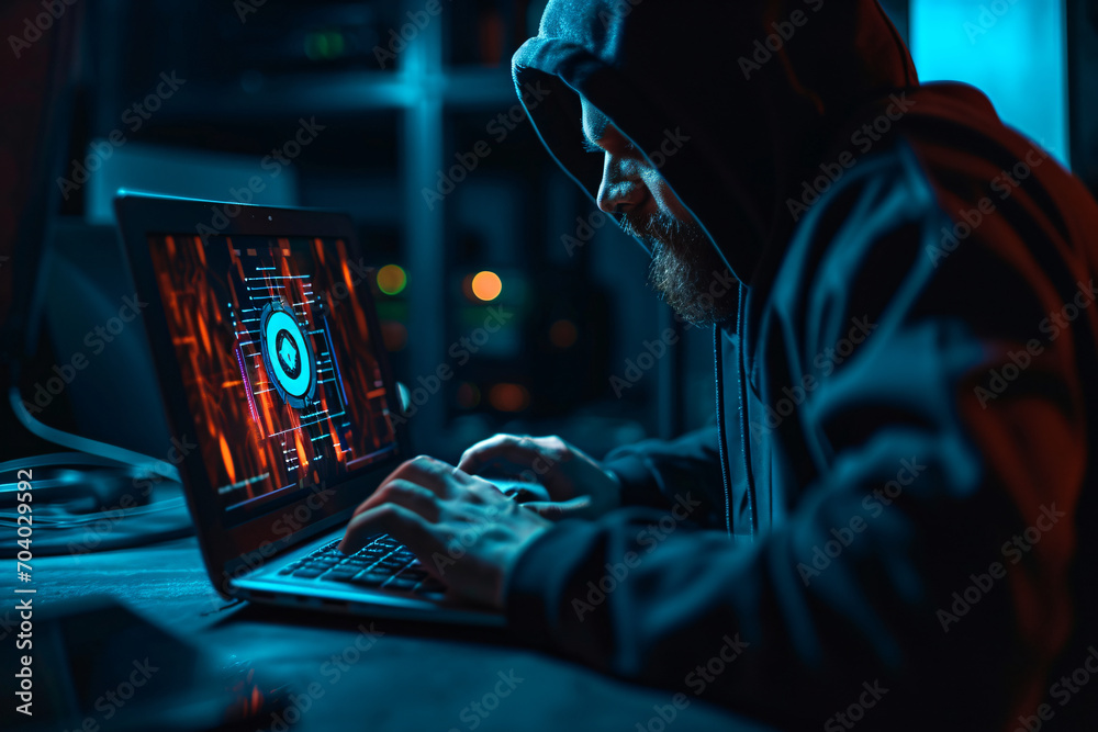 A hacker in a hoodie is sitting in a dark room and hacking into a ...