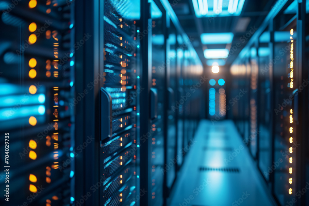 Server room with rows of server racks with blinking lights in a data center. Hosting ...