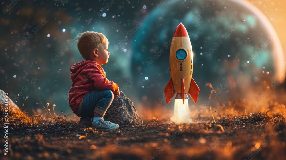 Little boy squatting near toy rocket representing launching spaceship ...
