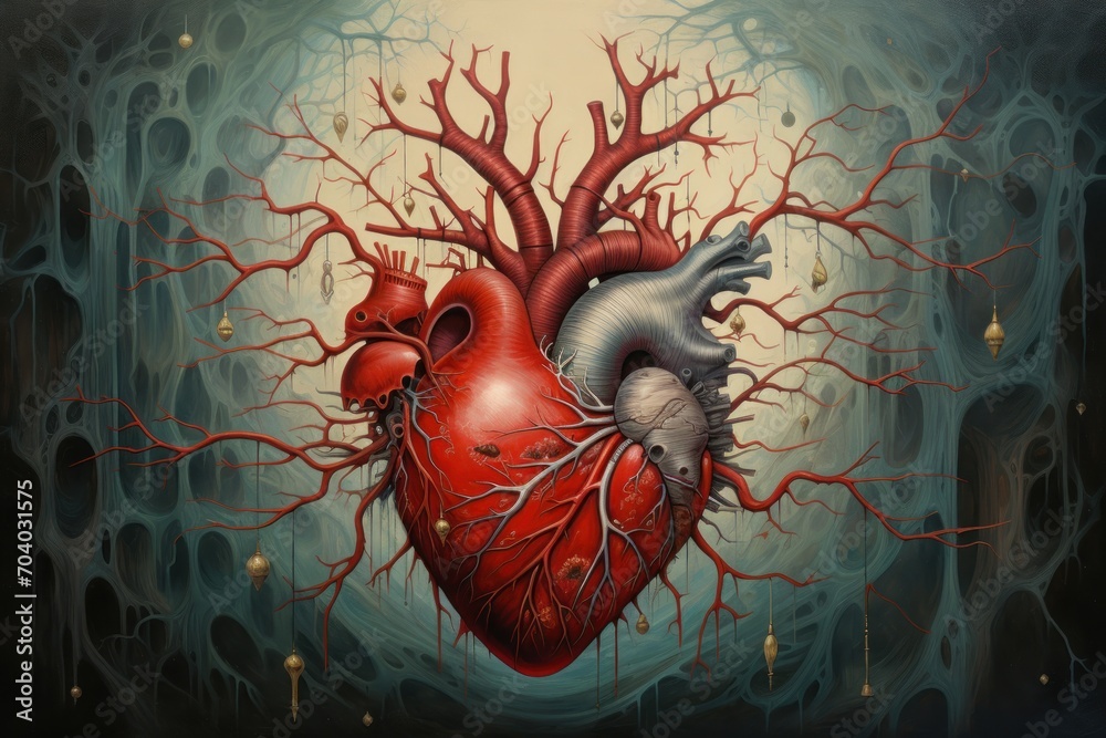 a painting of a human heart with blood running down the sides of the ...