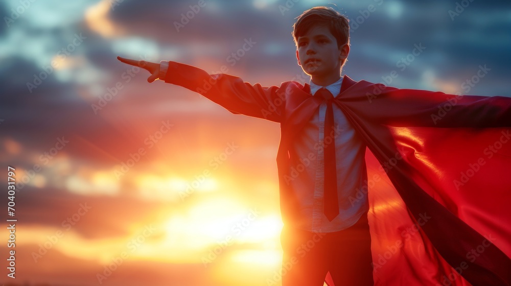 Teenager boy in superhero cape stretches hand up and represents flight ...